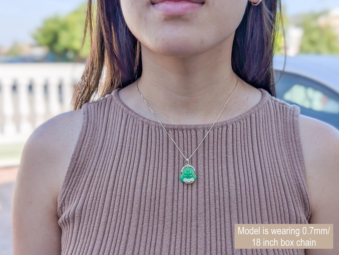 14k Solid Gold Jade Buddha Pendant Necklace, Green Jade, Small Laughing ...
