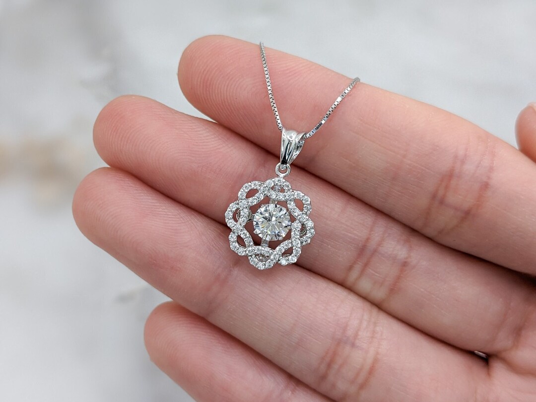 14k Solid Gold Moving Diamond Necklace, CZ Flower Pendant, Floating ...