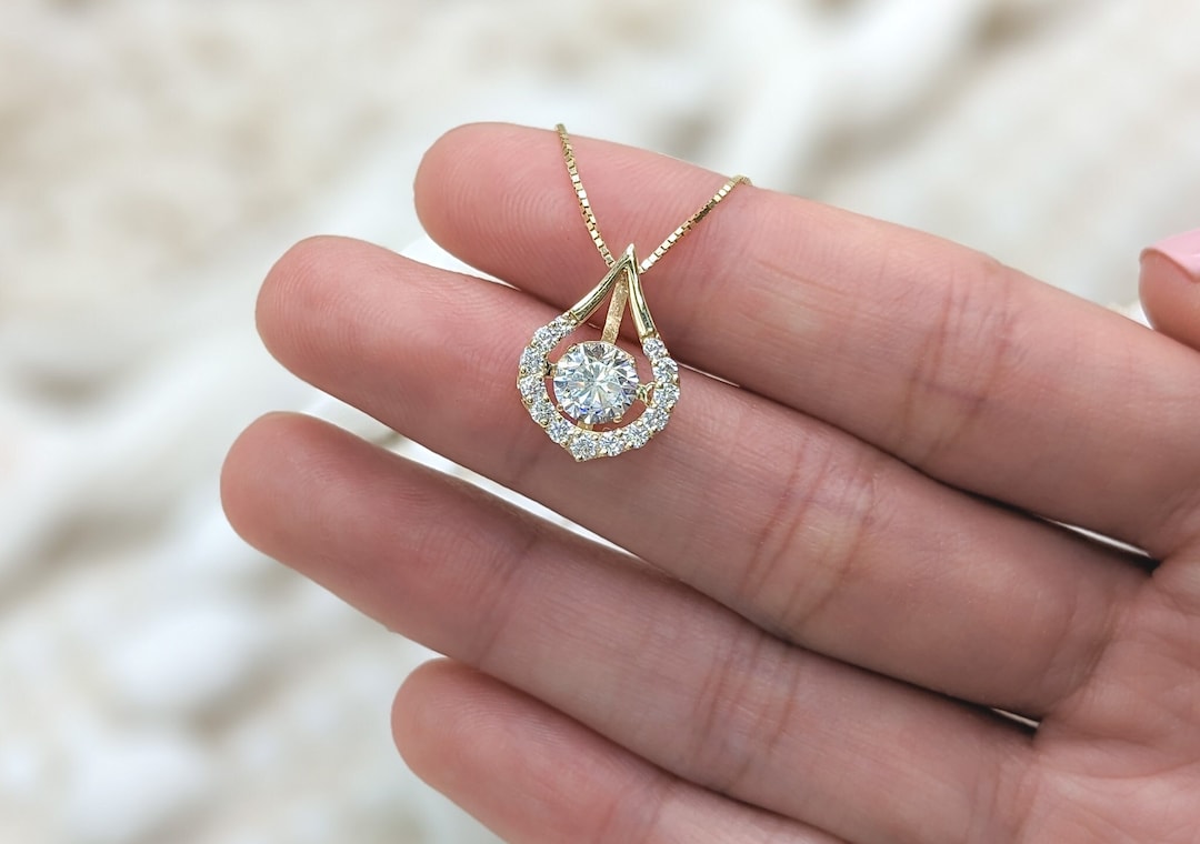 14k Solid Gold Moving Diamond Necklace Floating CZ Diamond - Etsy