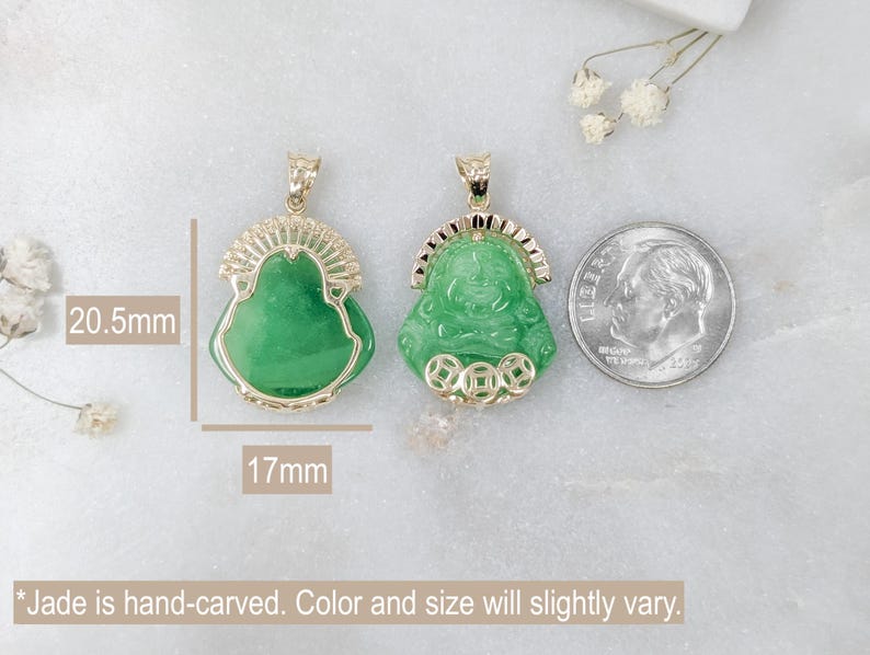 14k Solid Gold Jade Buddha Pendant Necklace, Green Jade, Small Laughing ...
