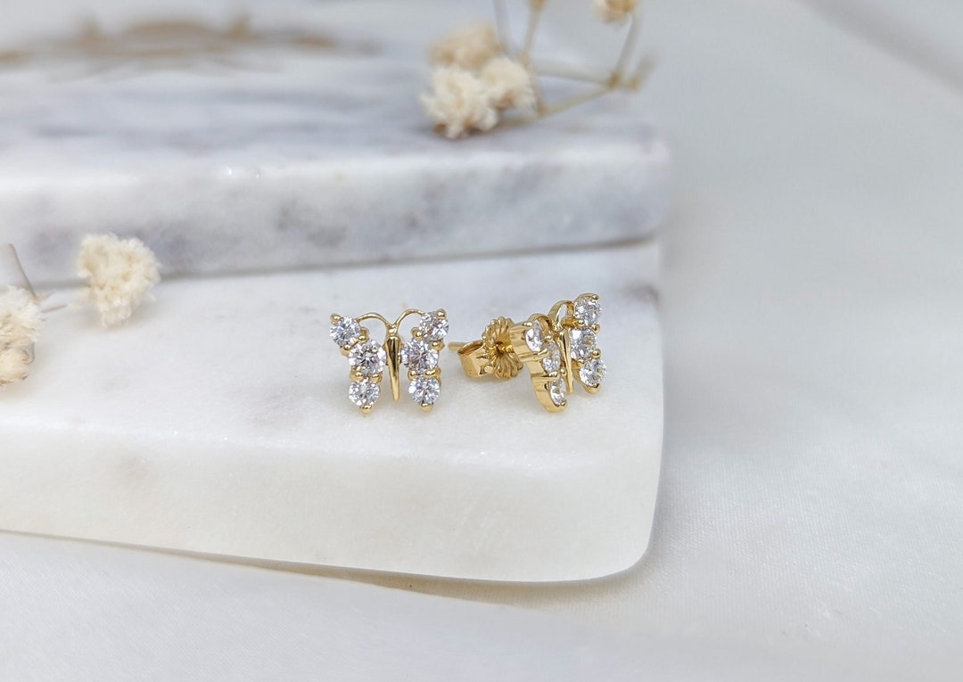 14k Solid Gold Dainty Butterfly Earrings, Real Gold Butterfly Studs, CZ Diamond Butterfly ...
