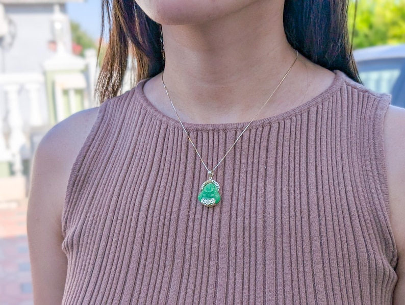 14k Solid Gold Jade Buddha Pendant Necklace, Green Jade, Small Laughing ...