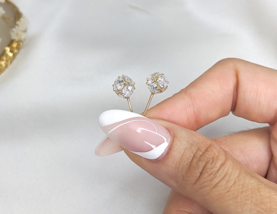 14k Solid Gold Disco Ball Earrings, CZ Diamond Ball Studs, 14k Gold ...