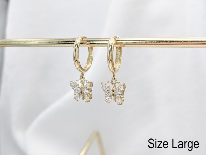 14K Solid Gold Butterfly Hoop Earrings, Dainty Butterfly Charm Dangle ...