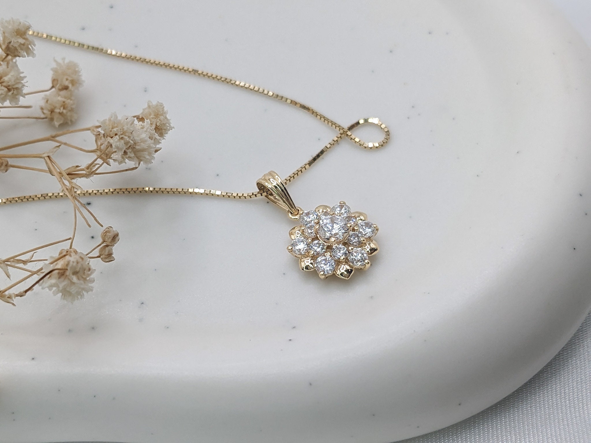 14K Small Gold Flower Pendant Necklace, CZ Diamond Flower Cluster ...