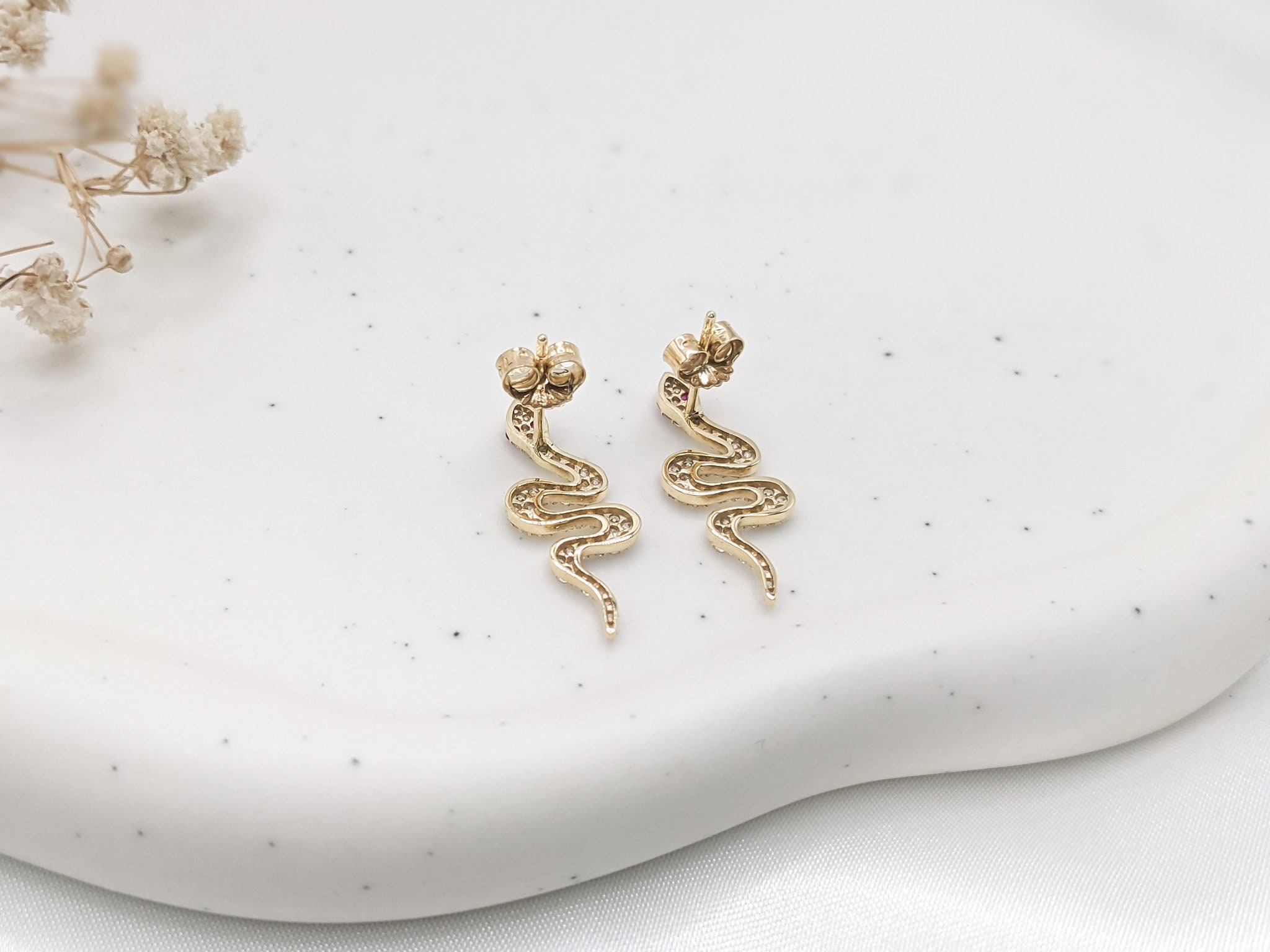 14k Solid Gold Snake Earrings, Edgy Snake Ear Crawler, Bold Pavé ...