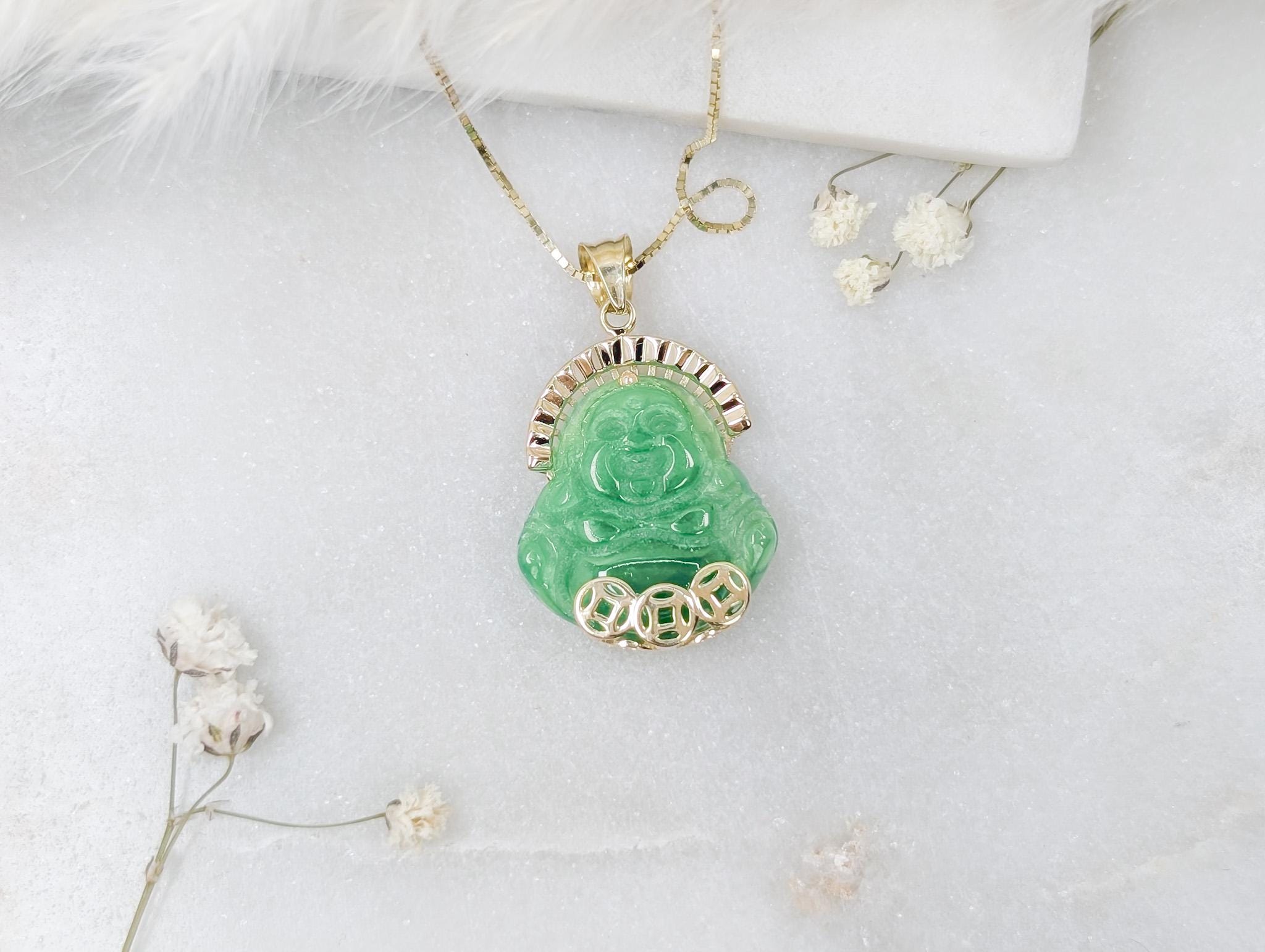 14k Solid Gold Jade Buddha Pendant Necklace, Green Jade, Small Laughing ...