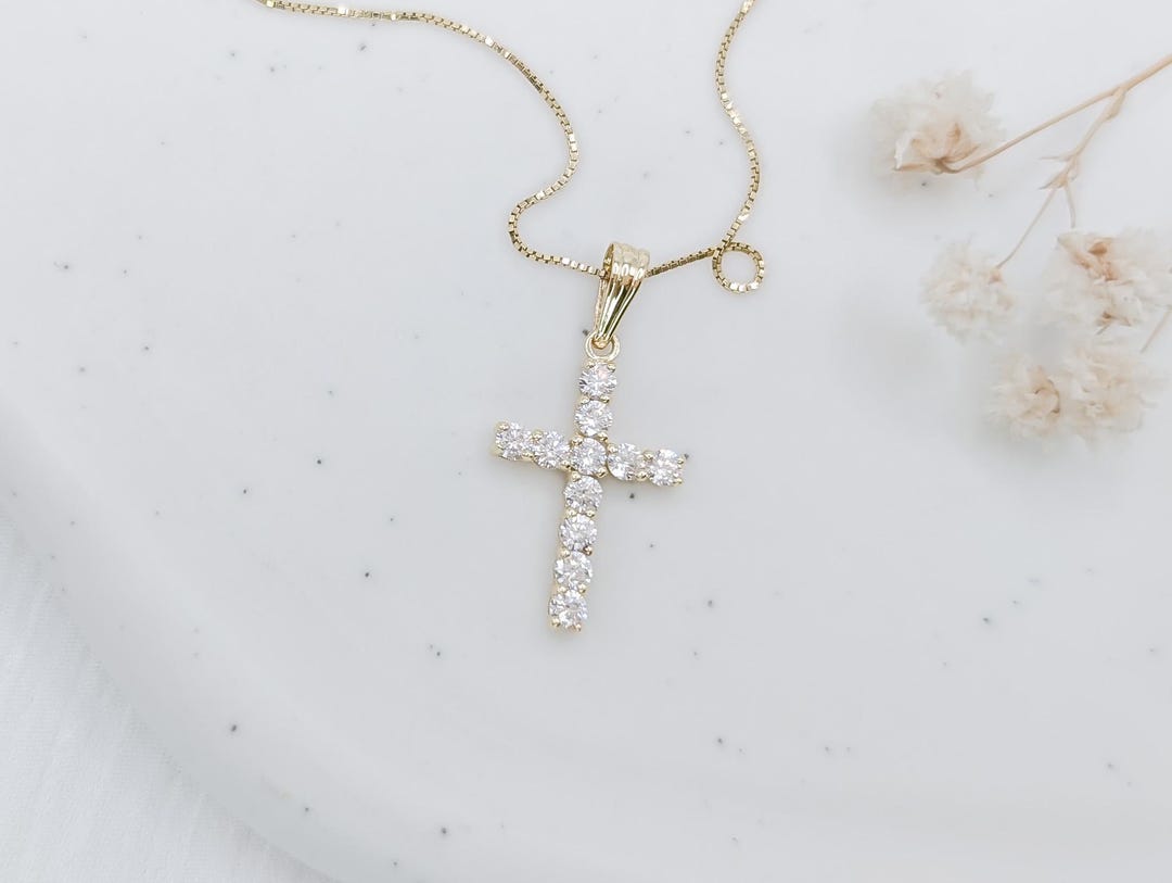 10K Solid Gold Small Cross Necklace, Dainty Cross Pendant, CZ Diamond ...