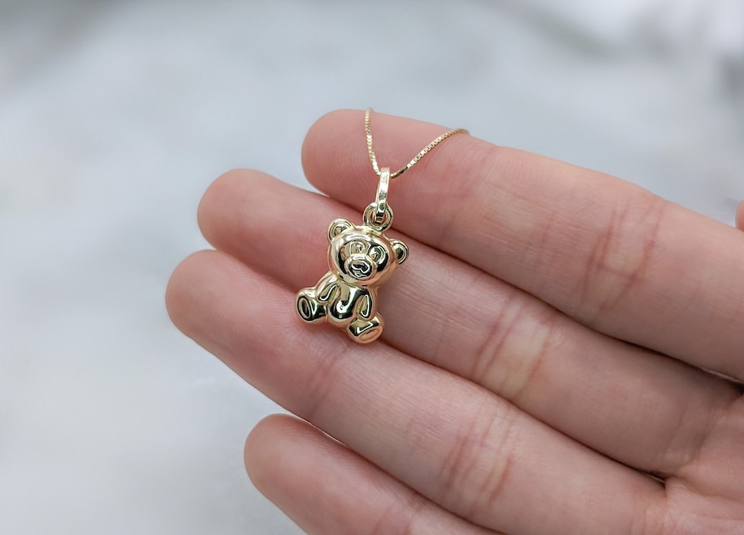 14k Solid Gold Teddy Bear Necklace, 3D Dainty Hollow Puffy Bear Pendant ...