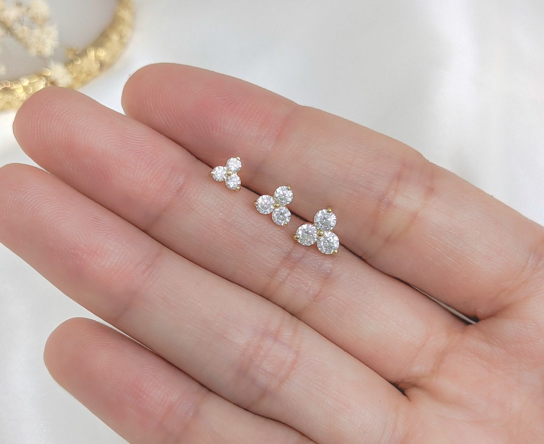 14k Mini 3 Stone Stud Earrings, Solid Gold, Tiny Trio CZ Diamond Studs, Three, Dainty Lotus Stud ...