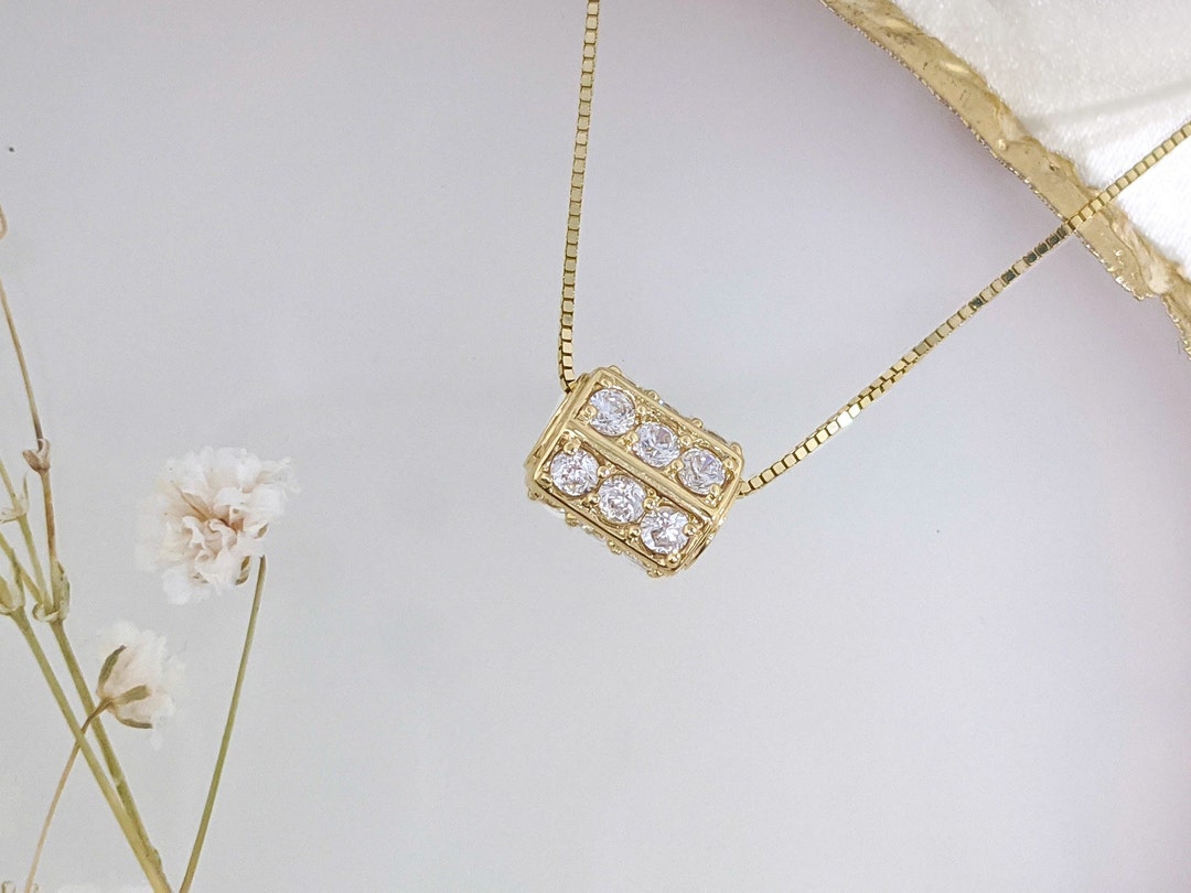 14k Solid Gold Bead Necklace, Tiny CZ Diamond Bead Pendant, Dainty Gold ...