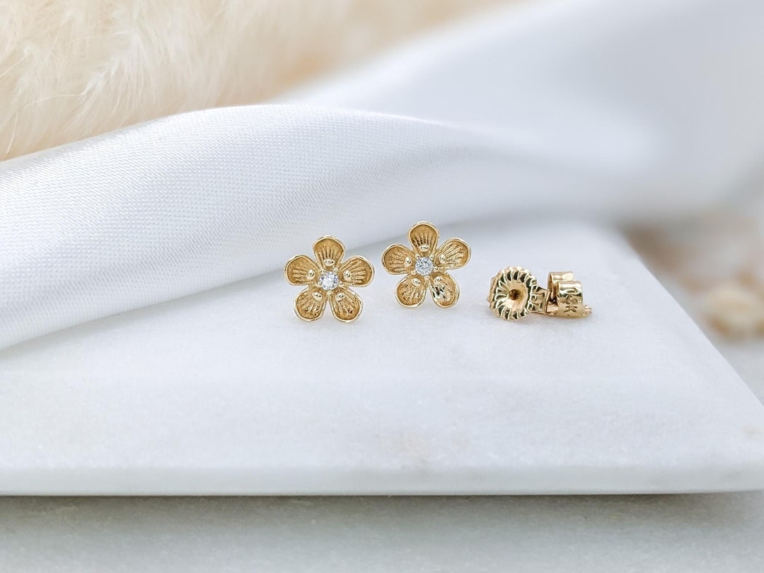 14k Solid Gold Small Flower Stud Earrings, Dainty Minimalist Everyday Earrings, CZ Diamond ...