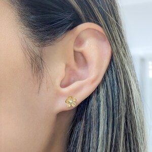 14k Solid Gold Small Flower Stud Earrings, Dainty Minimalist Everyday Earrings, CZ Diamond ...