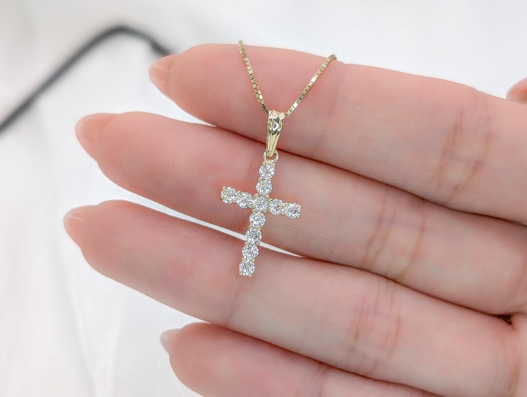 14K Solid Gold Small Cross Necklace, Dainty Cross Pendant, CZ Diamond ...