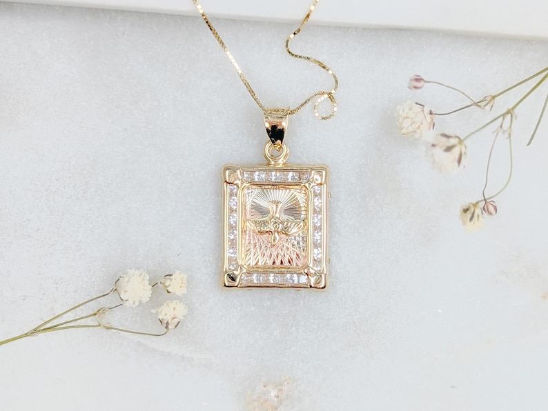 14k Solid Gold Holy Spirit Necklace, Square Tri-color Dove Pendant ...