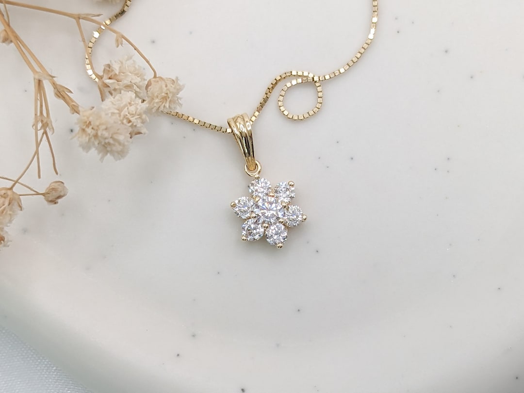 14k Solid Gold Tiny Flower Necklace, Dainty Flower Pendant, Small ...