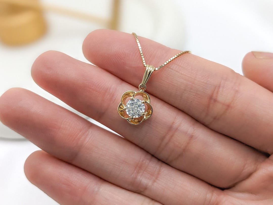 14k Solid Gold Flower Necklace, Dainty Solitaire CZ Diamond Pendant ...