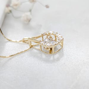 14k Solid Gold Moving Diamond Necklace, CZ, Floating CZ Pavé Diamond ...
