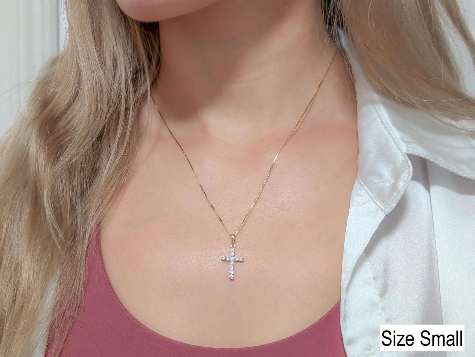 14K Solid Gold Small Cross Necklace, White Gold, Dainty Cross Pendant ...