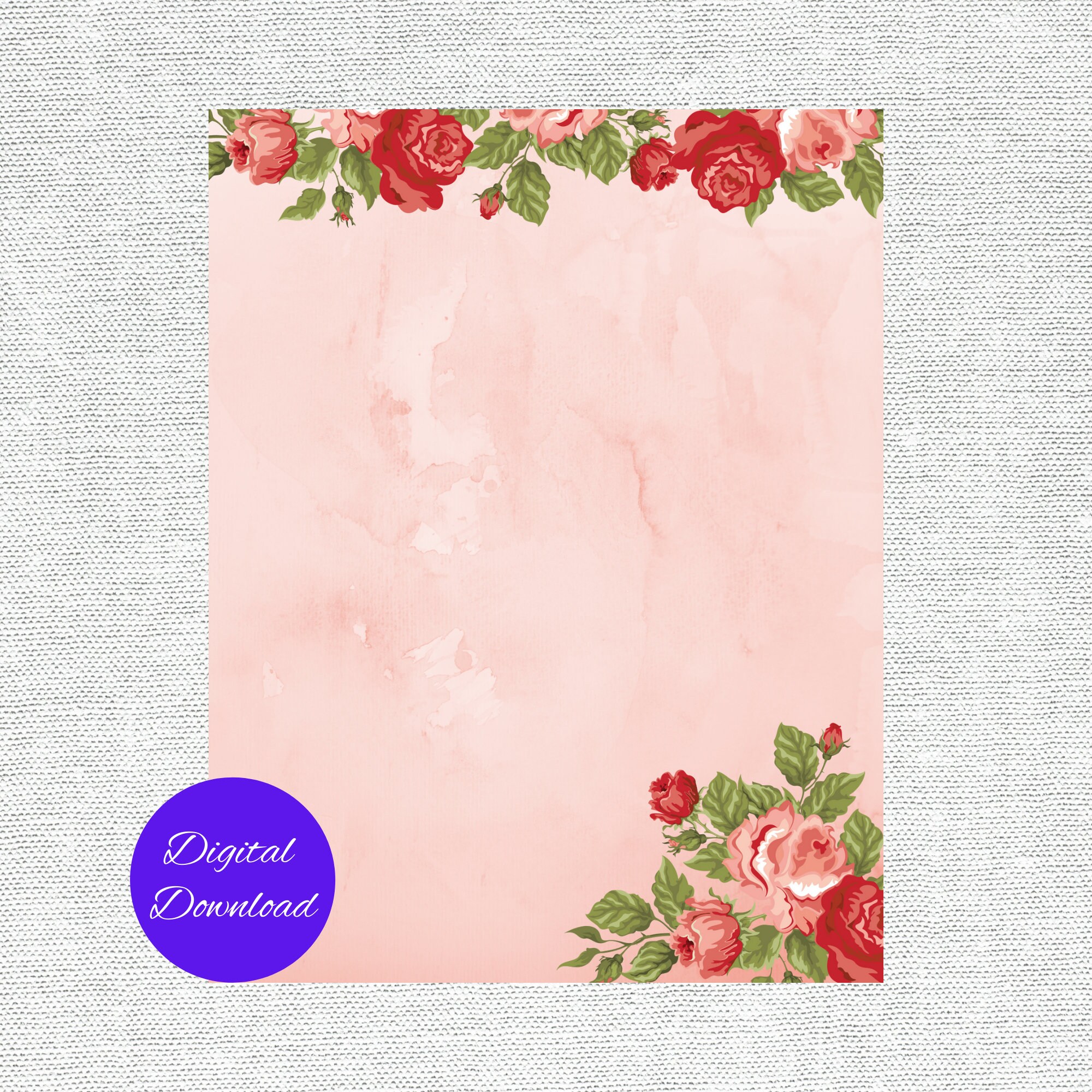 Paper & Party Supplies Floral Stationary Red Rose Stationary Printable ...