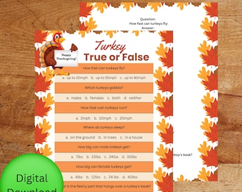 Thanksgiving Trivia Game Printable: Turkey True or False Classroom Game ...