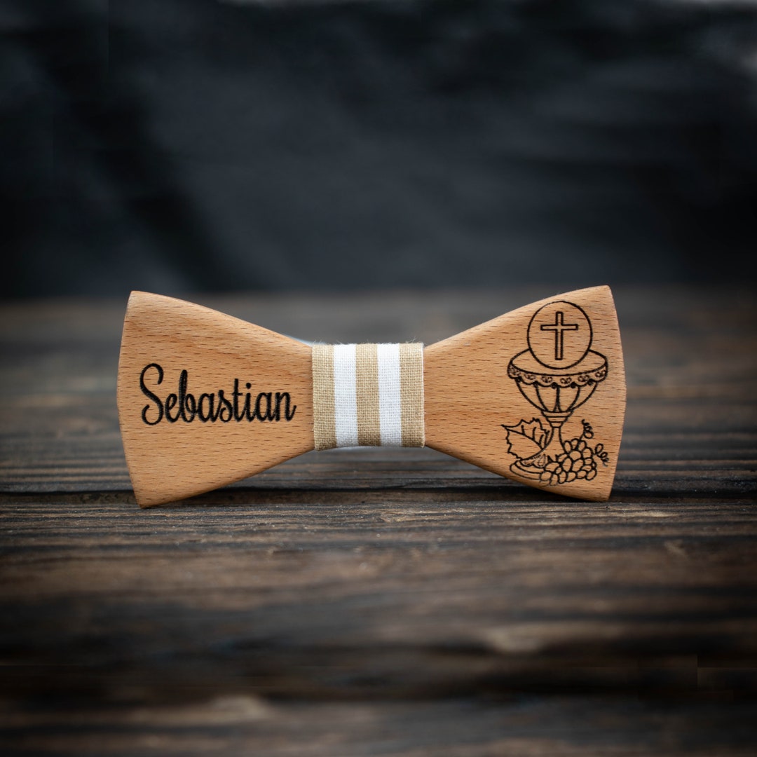 First Communion Wooden Bow Tie With Name, Personalized Engraved Wooden ...