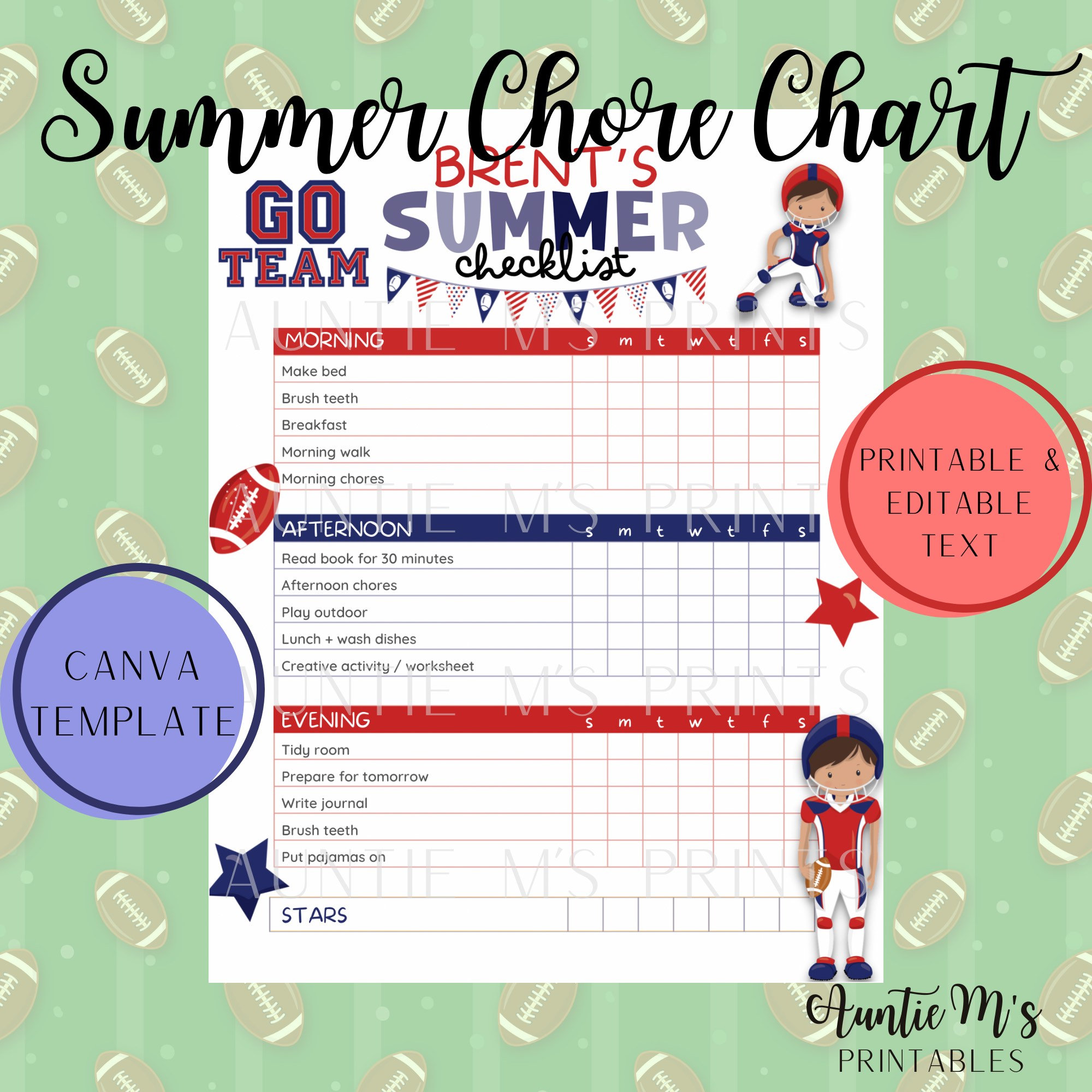 Football Themed Kids Chore Chart! Responsibility Chart Fully Editable ...