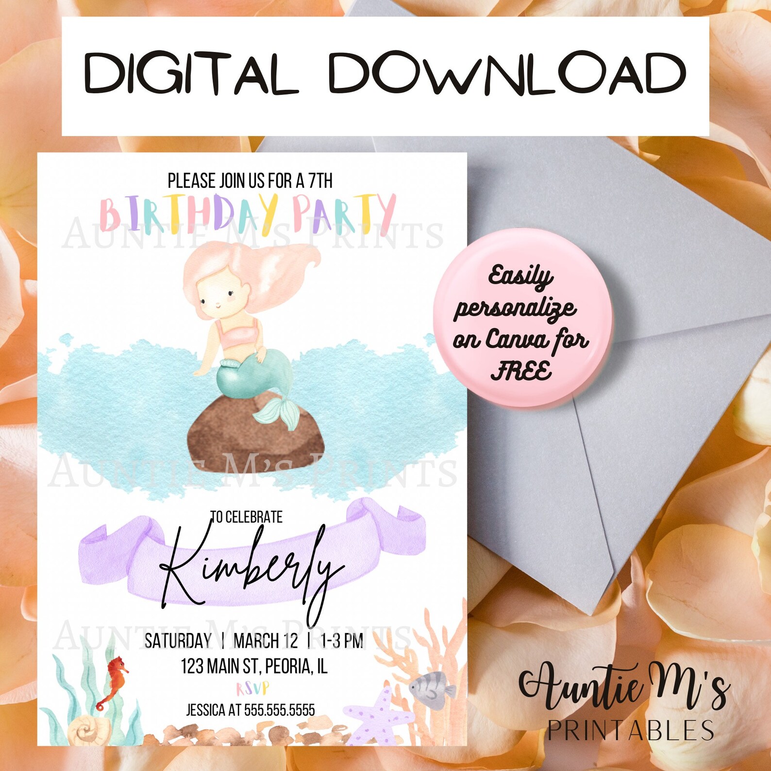 Mermaid Invitation Birthday Canva Template Party Instant Download ...