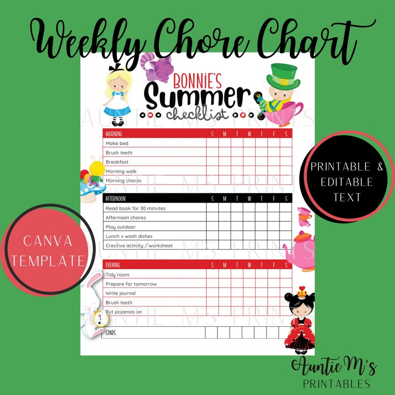 Alice Kids Checklist! Responsibility Chart Fully Editable Daily Weekly ...