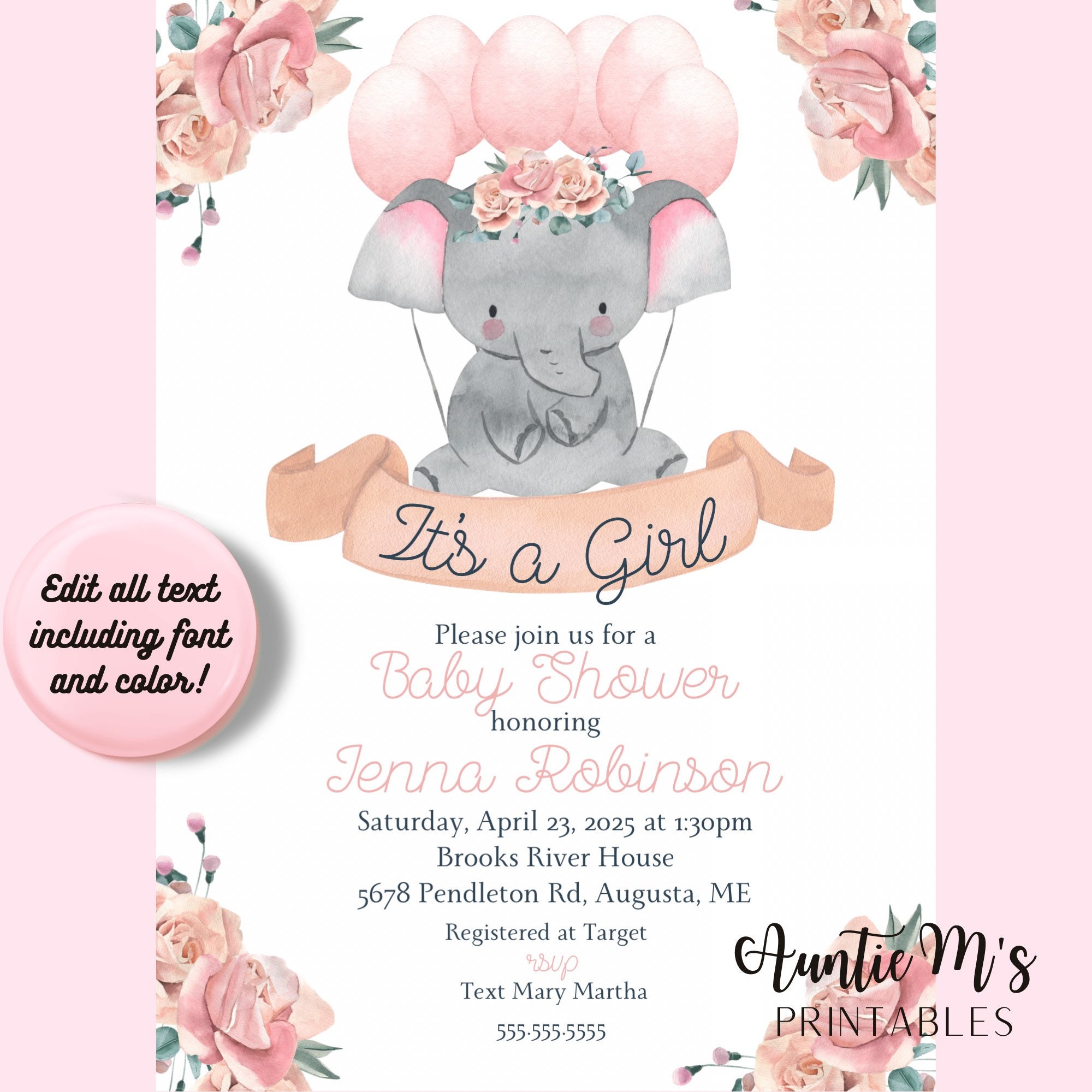 Pink Elephant Invitation | Baby Shower | Canva Template | Party ...