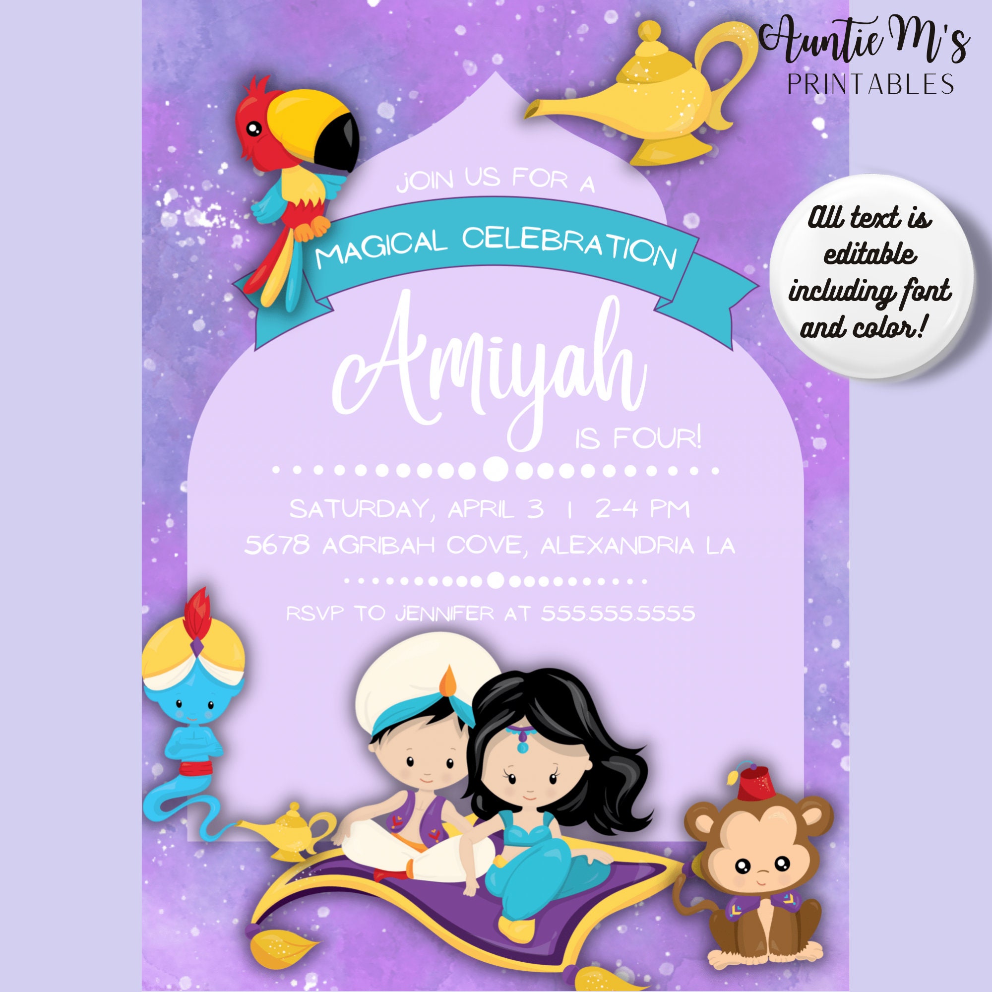 Aladdin and Jasmine Invitation | Birthday Party | Canva Template ...