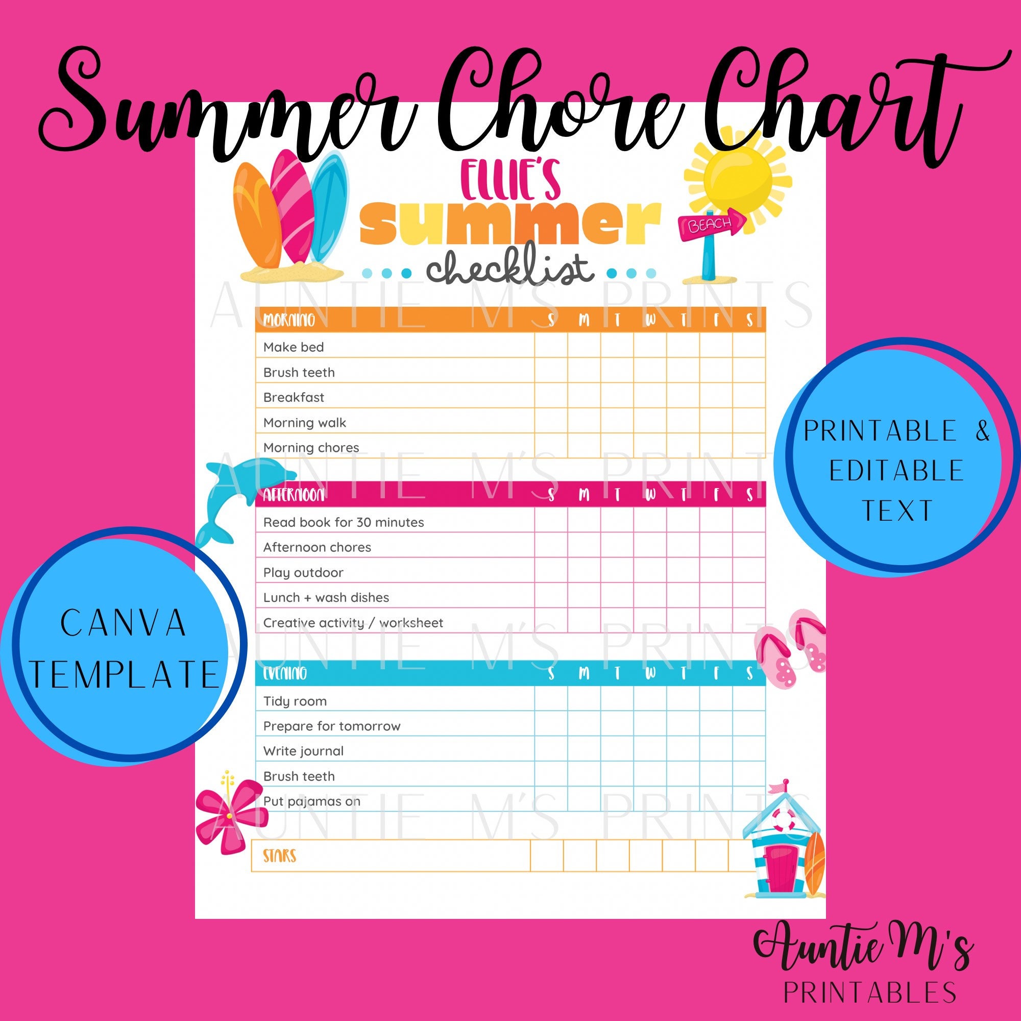 Beach Girl Themed Kids Checklist! Responsibility Chart Fully Editable ...