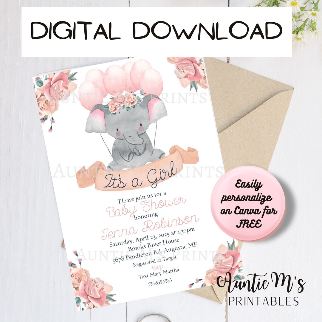Pink Elephant Invitation | Baby Shower | Canva Template | Party ...