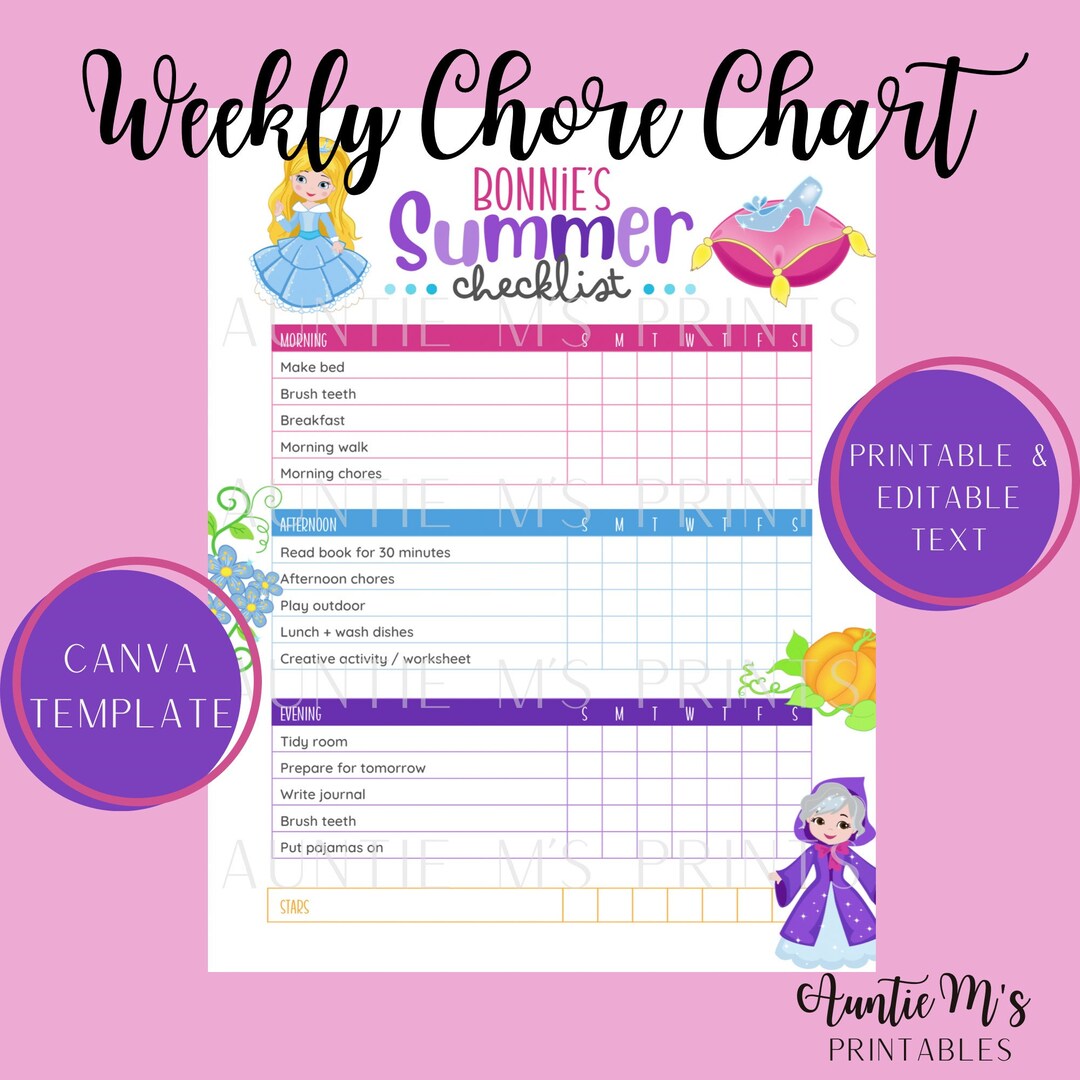Cinderella Kids Checklist! Responsibility Chart Fully Editable Daily ...