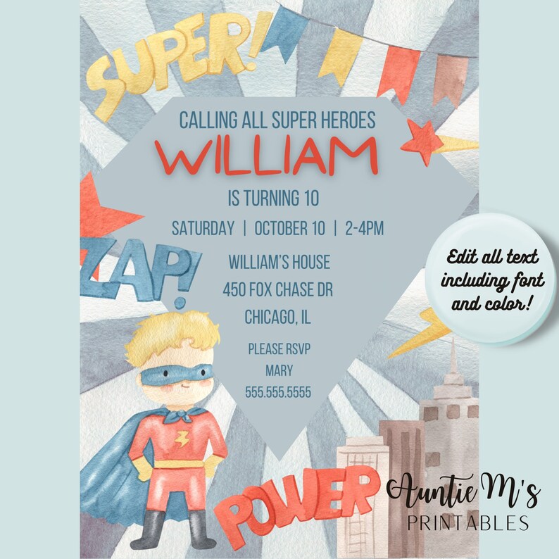 Superhero Boy Invitation | Birthday | Canva Template | Party | Instant ...