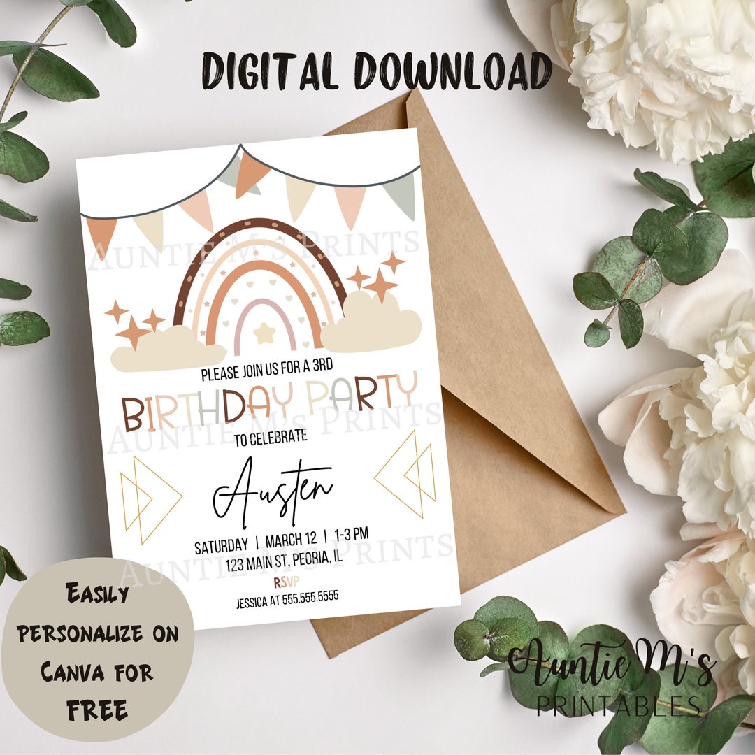 Boho Neutral Rainbow Invitation | Birthday Party | Canva Template ...