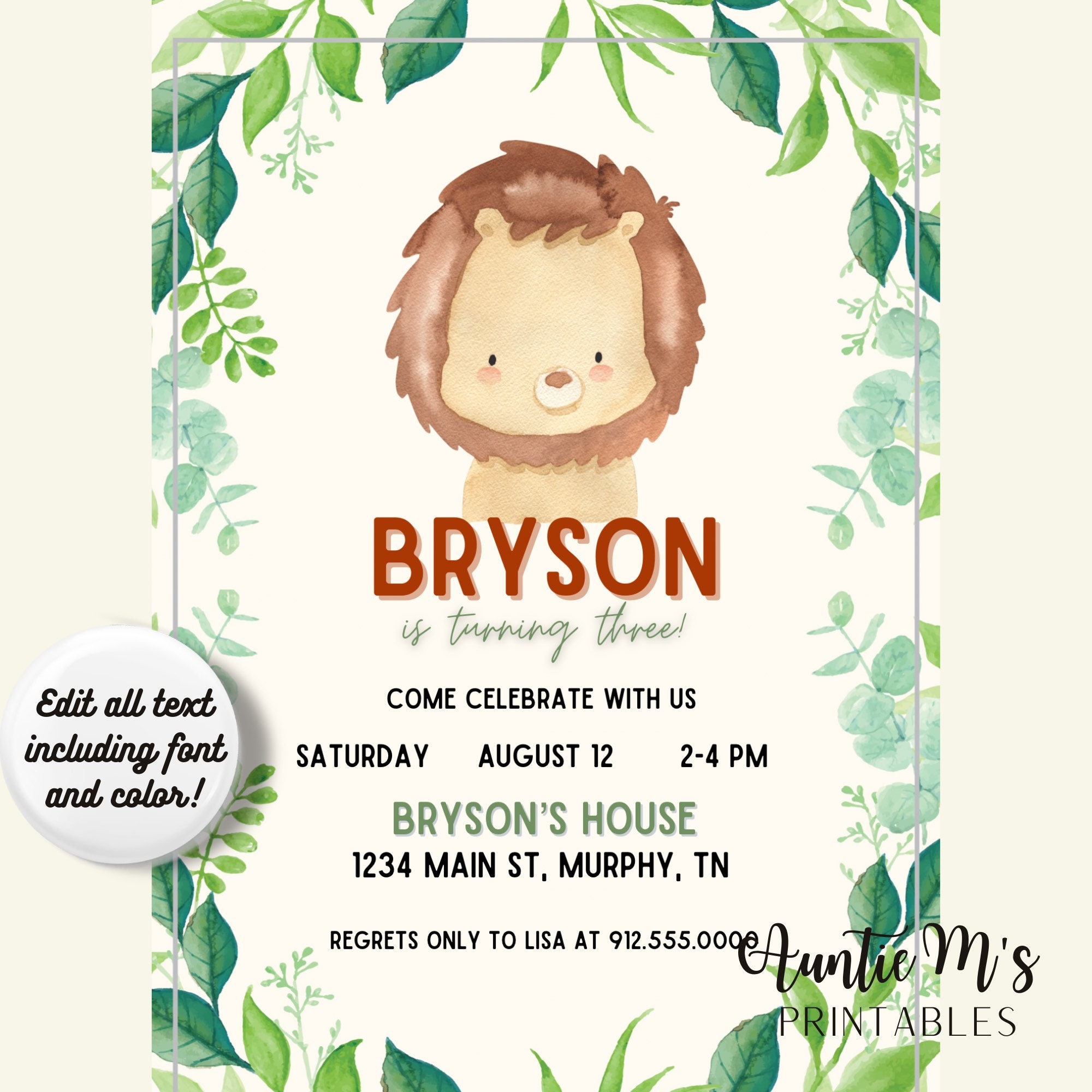 Lion Invitation | Birthday | Canva Template | Party | Instant Download ...