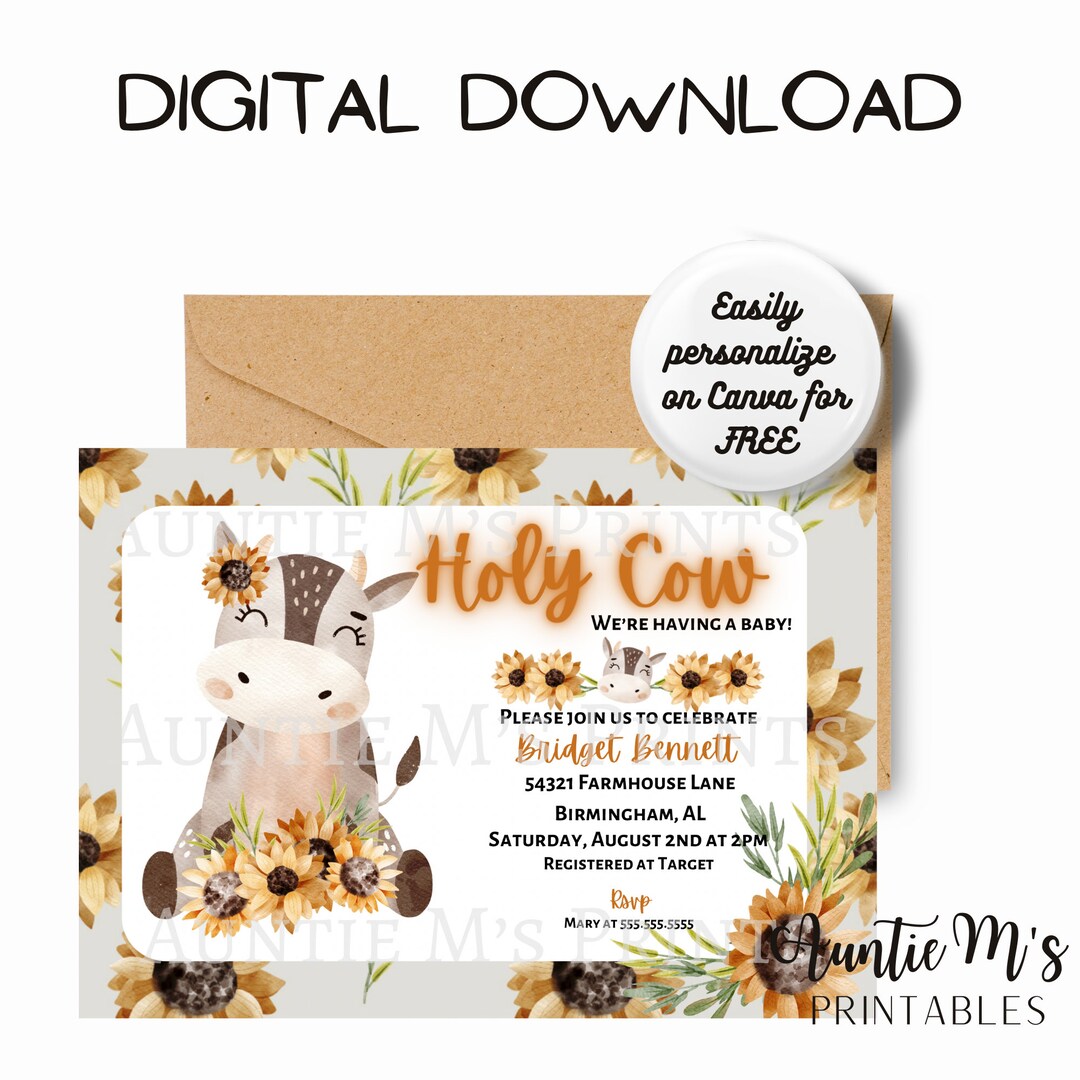 Holy Cow Invitation | Baby Shower | Canva Template | Party | Instant ...
