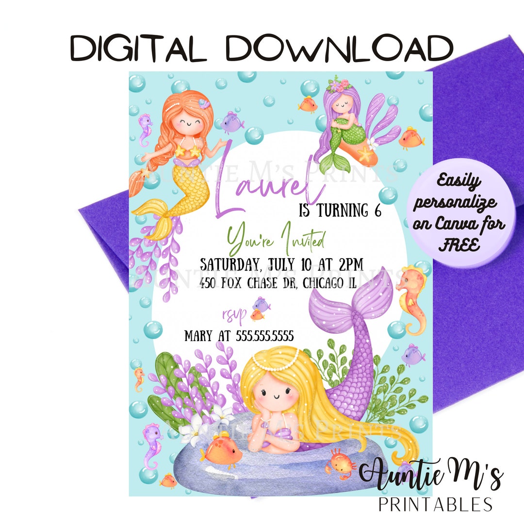 Mermaid Invitation | Birthday Party | Canva Template | Party | Instant ...