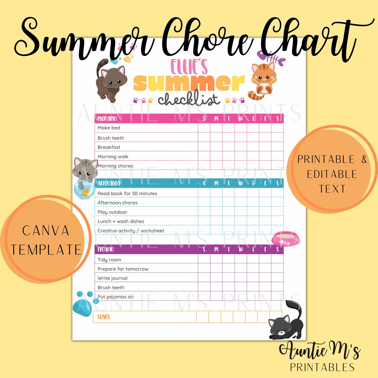 Cat Themed Chore Chart for Kids! Responsibility Chart Fully Editable ...