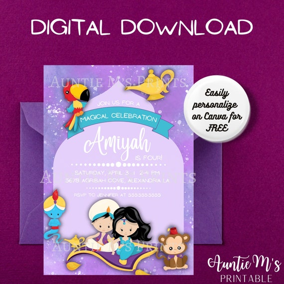 Aladdin and Jasmine Invitation Birthday Party Canva | Etsy