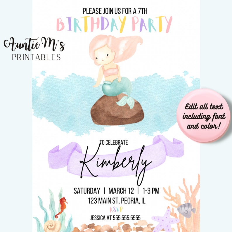 Mermaid Invitation | Birthday | Canva Template | Party | Instant ...