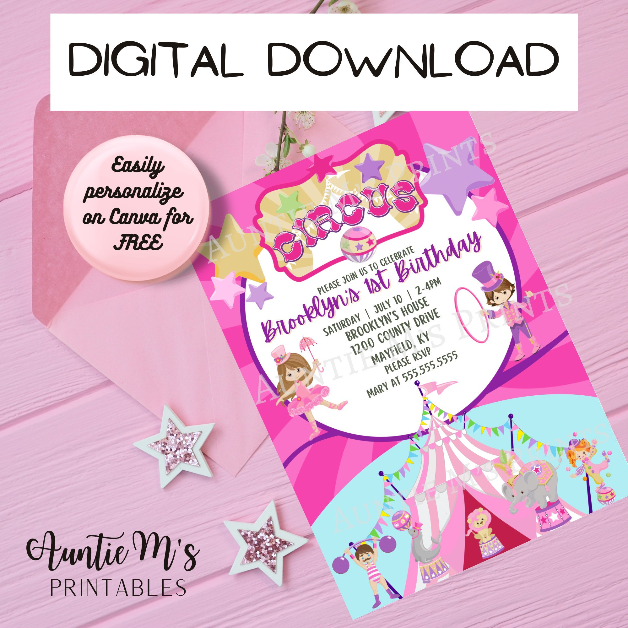 Pink Circus Invitation | Birthday Party | Canva Template | Party ...