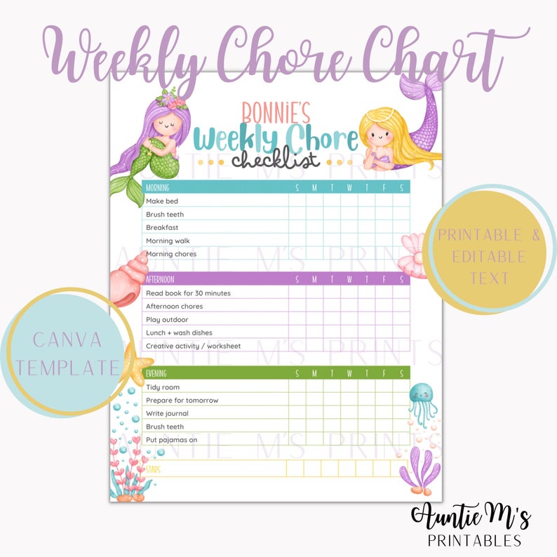Mermaid Kids Checklist! Responsibility Chart Fully Editable Daily ...