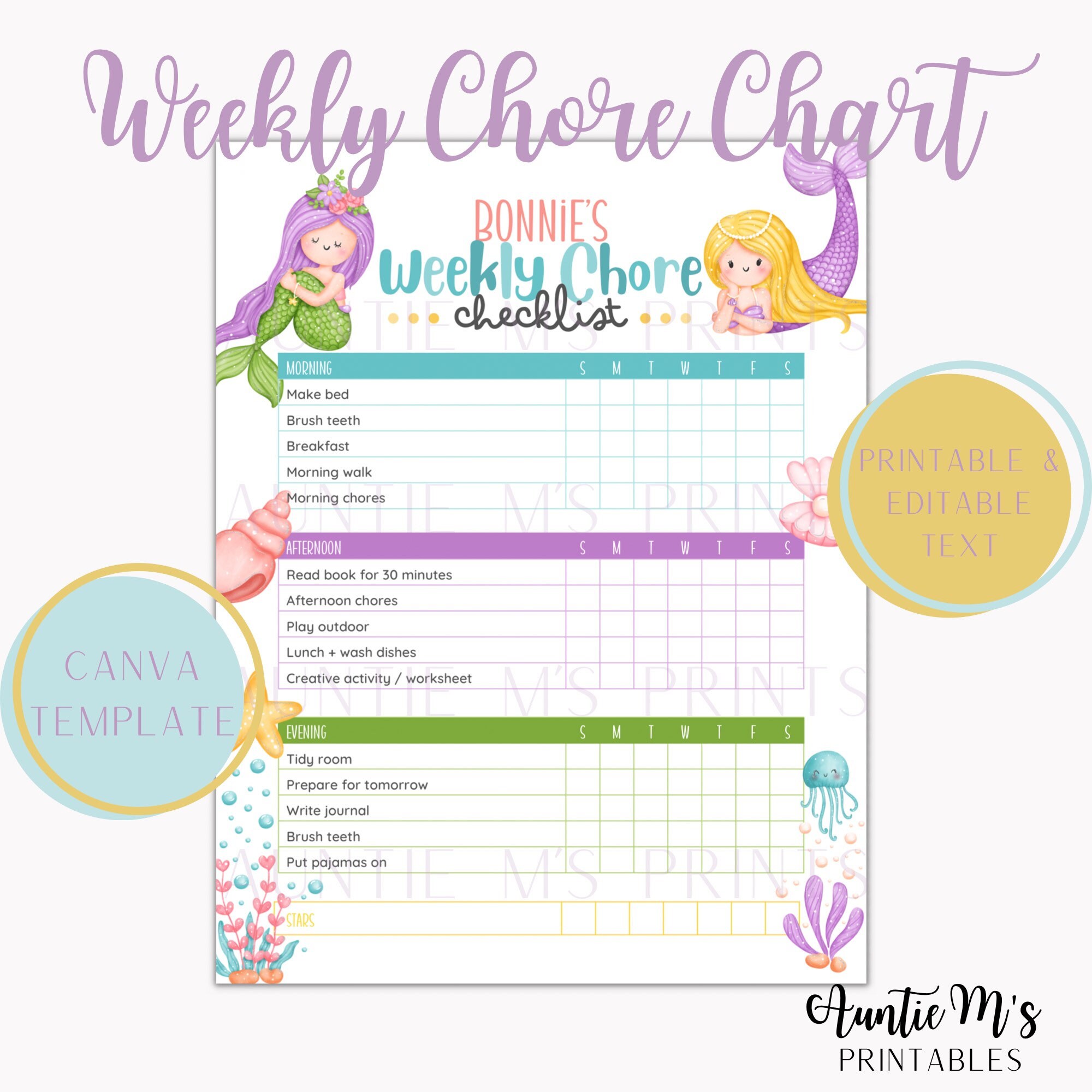 Mermaid Kids Checklist! Responsibility Chart Fully Editable Daily ...