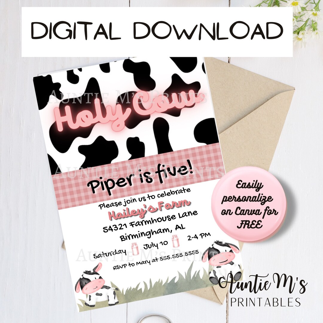 Pink Cow Invitation | Birthday Party | Canva Template | Party | Instant ...