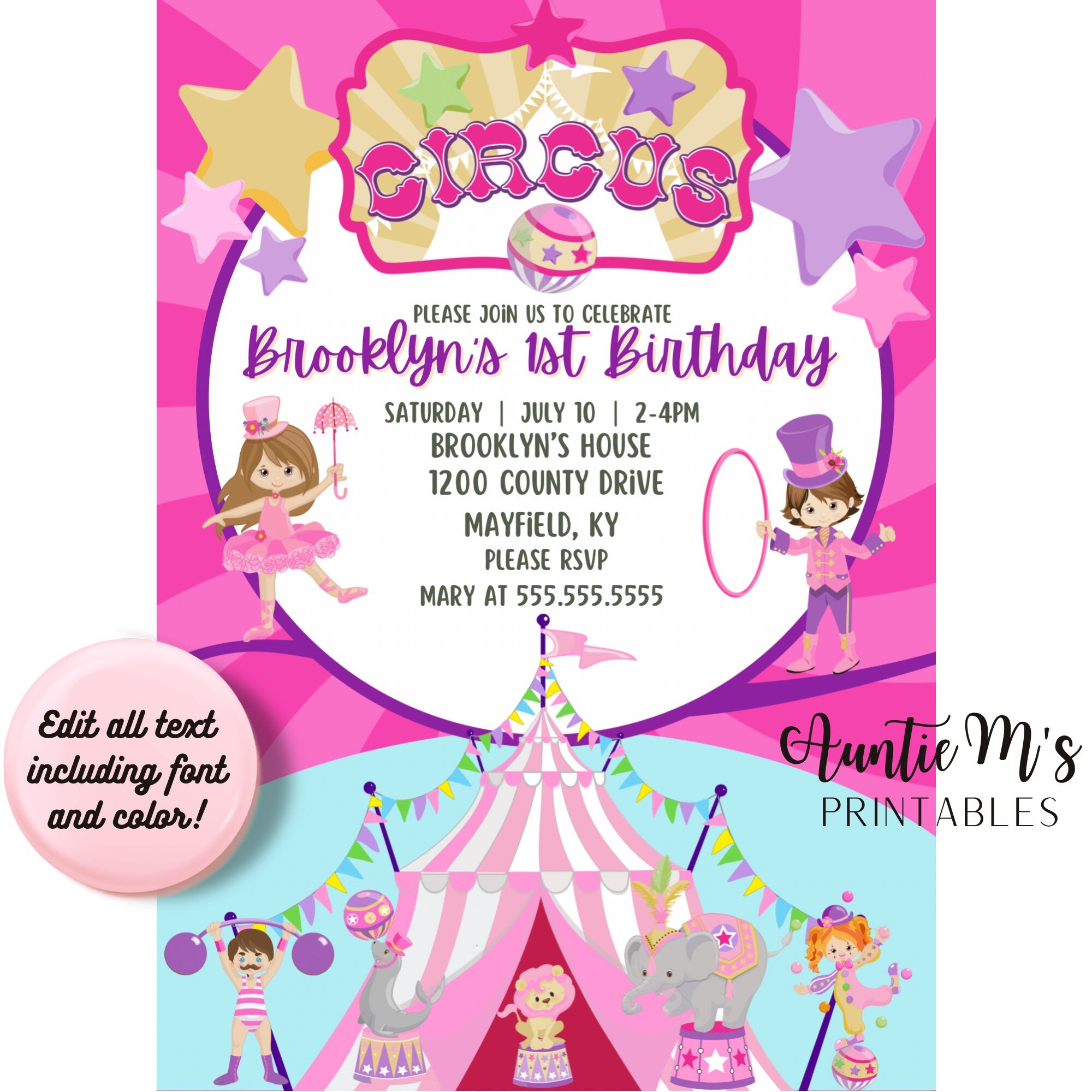 Pink Circus Invitation | Birthday Party | Canva Template | Party ...