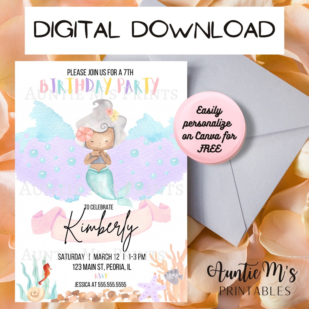 Mermaid Invitation | Birthday | Canva Template | Party | Instant ...