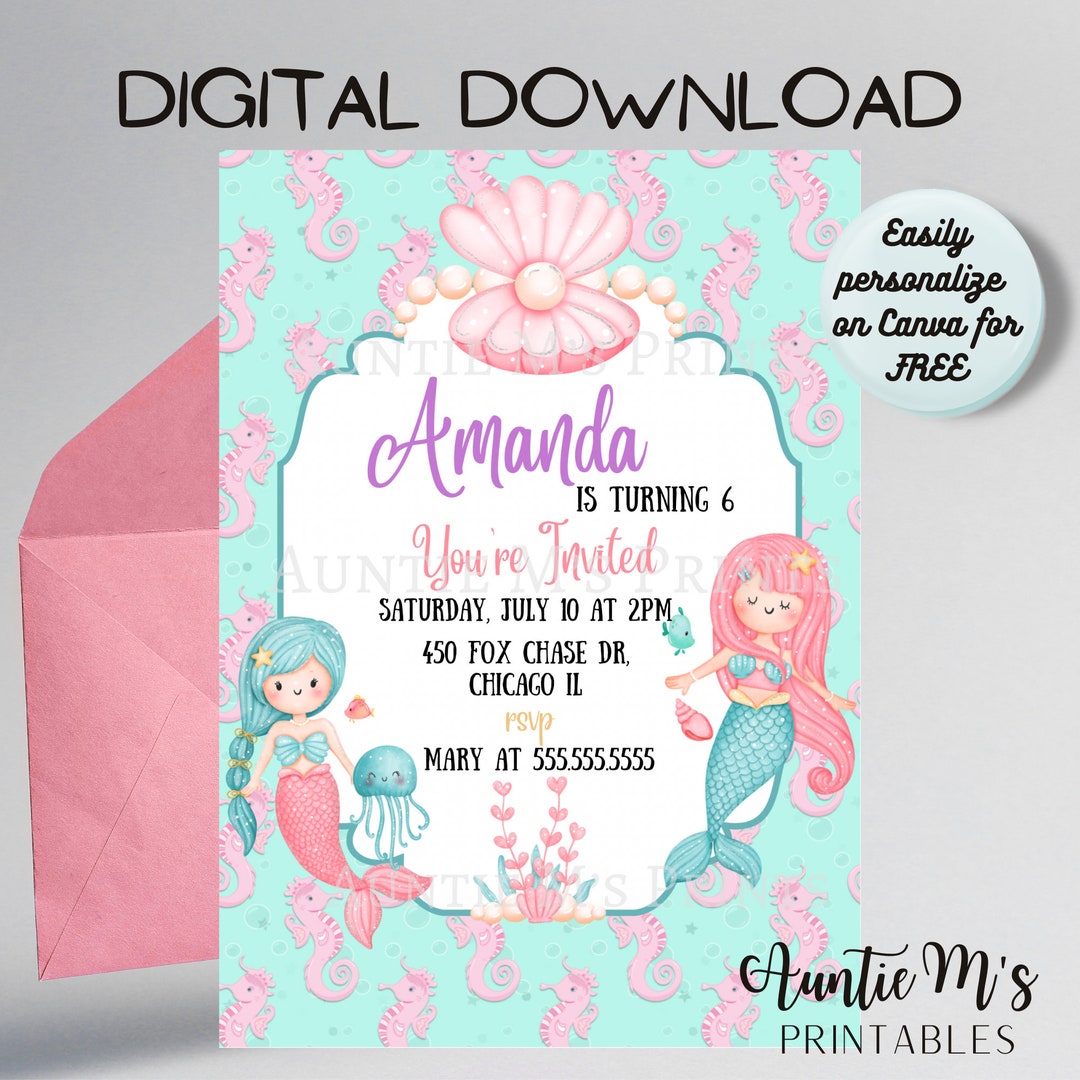 Mermaid Invitation | Birthday Party | Canva Template | Party | Instant ...