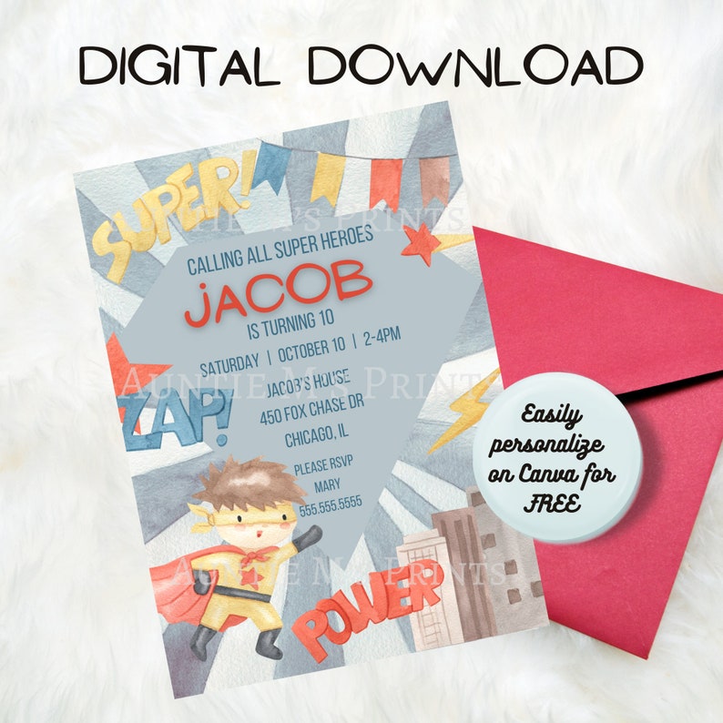 Superhero Boy Invitation Birthday Canva Template Party | Etsy